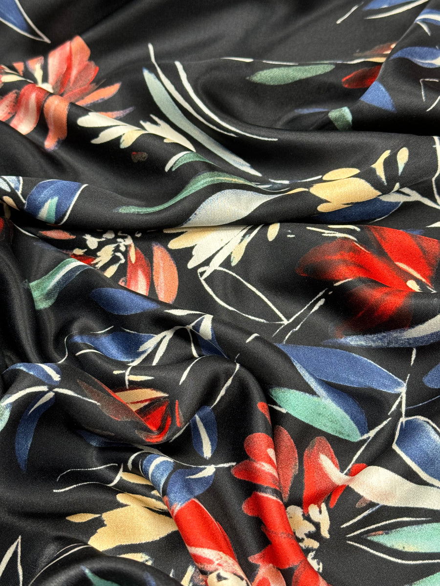S-8022W OIL-PAINT FLORALS SILK VISCOSE CHARMEUSE. ITALY – Elliott Berman Textiles